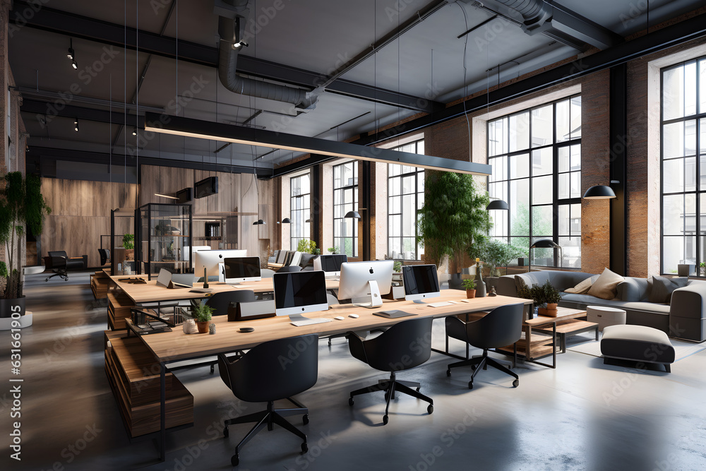 modern industrial office interior design Idea with green plants ...