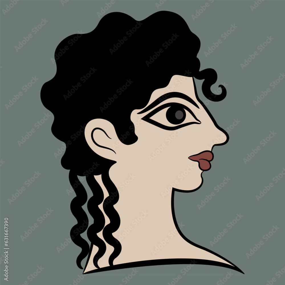 Head of a Cretan Minoan girl. Female portrait in profile. Pretty woman ...