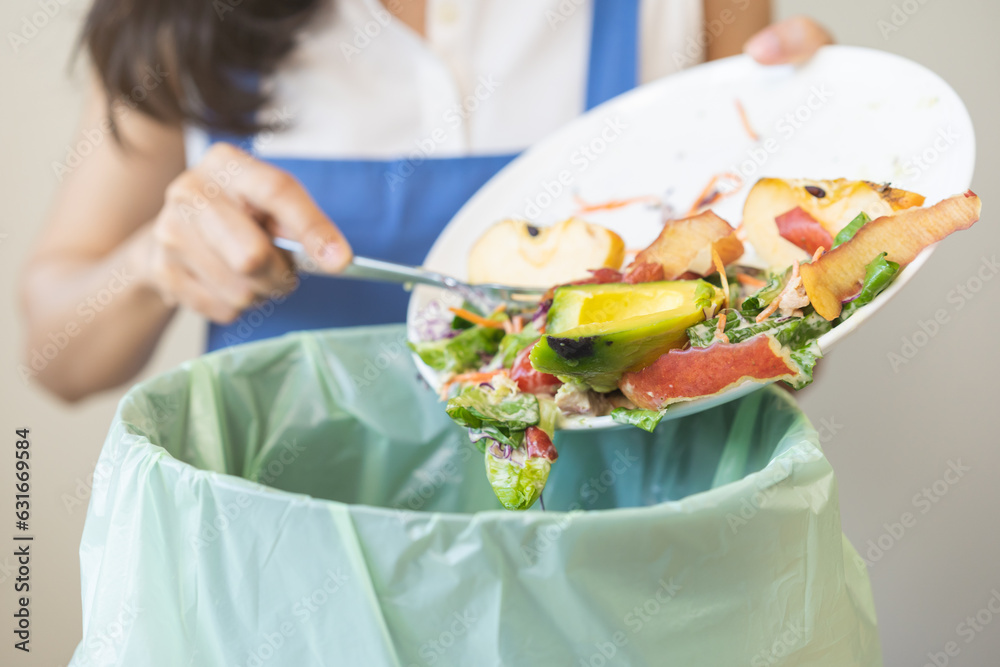 Compost from leftover food asian young housekeeper woman, female hand ...