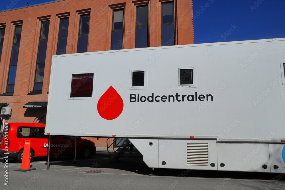 Blood bus trailer. Free for the public to donate blood. Medical ...