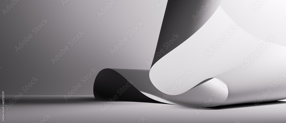 3d render. Abstract minimalist background of folded paper scroll. Curvy ...