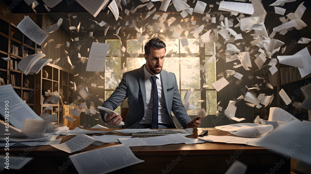 An overwhelmed businessman at his desk amidst a chaotic flurry of ...
