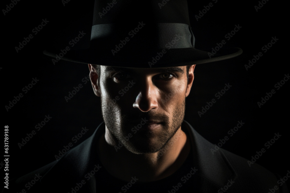 Handsome unrecognizable man in hat, his face in the shadows ...