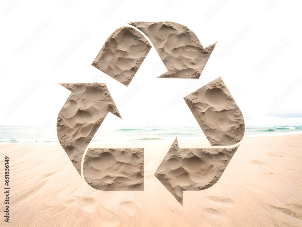 recycling symbol made of sand, upcycling symbol at the beach, sand and ...