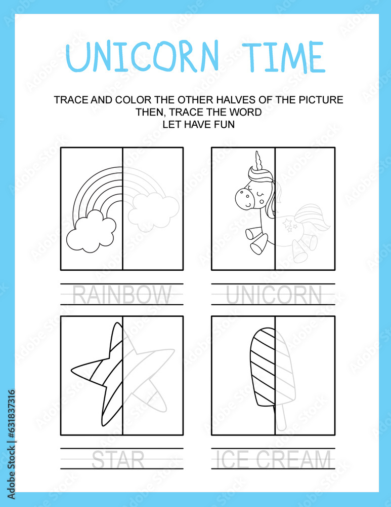 Unicorn Time Activity Worksheet for Pre-K, and Kindergarten Stock ...