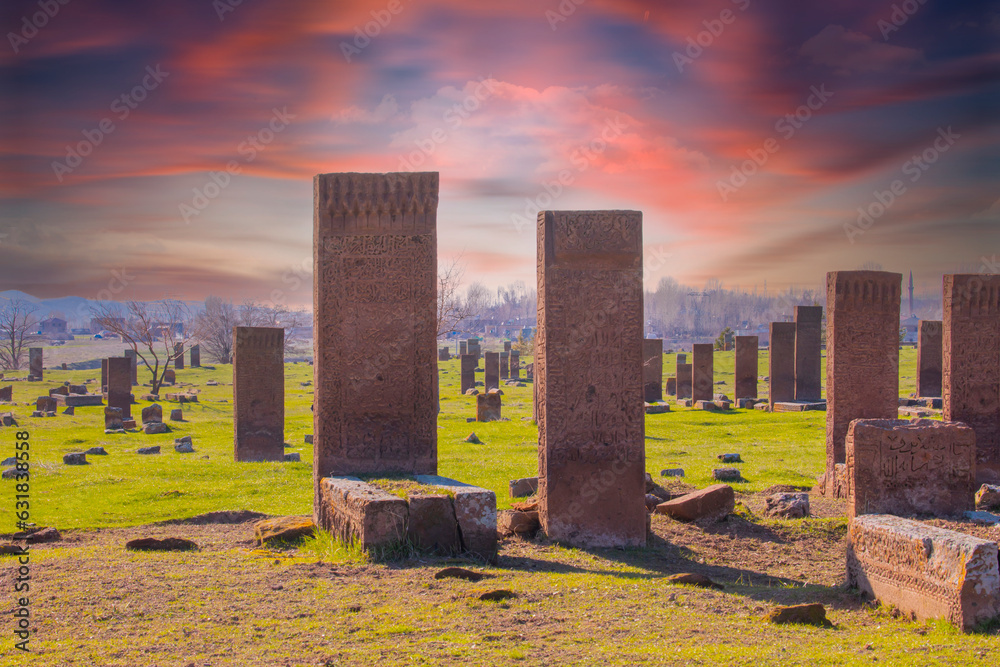 Ancient cemetery of Selcuk Turks, Ahlat, Turkey. Tombstone monuments to ...