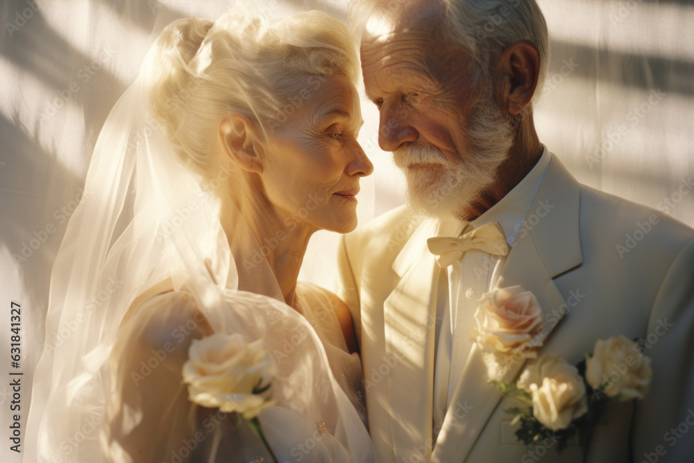 portrait of a an elderly couple bride/groom in wedding dress/suit with ...