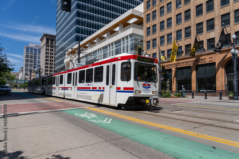A UTA TRAX light rail train in downtown Salt Lake City, Utah, USA ...