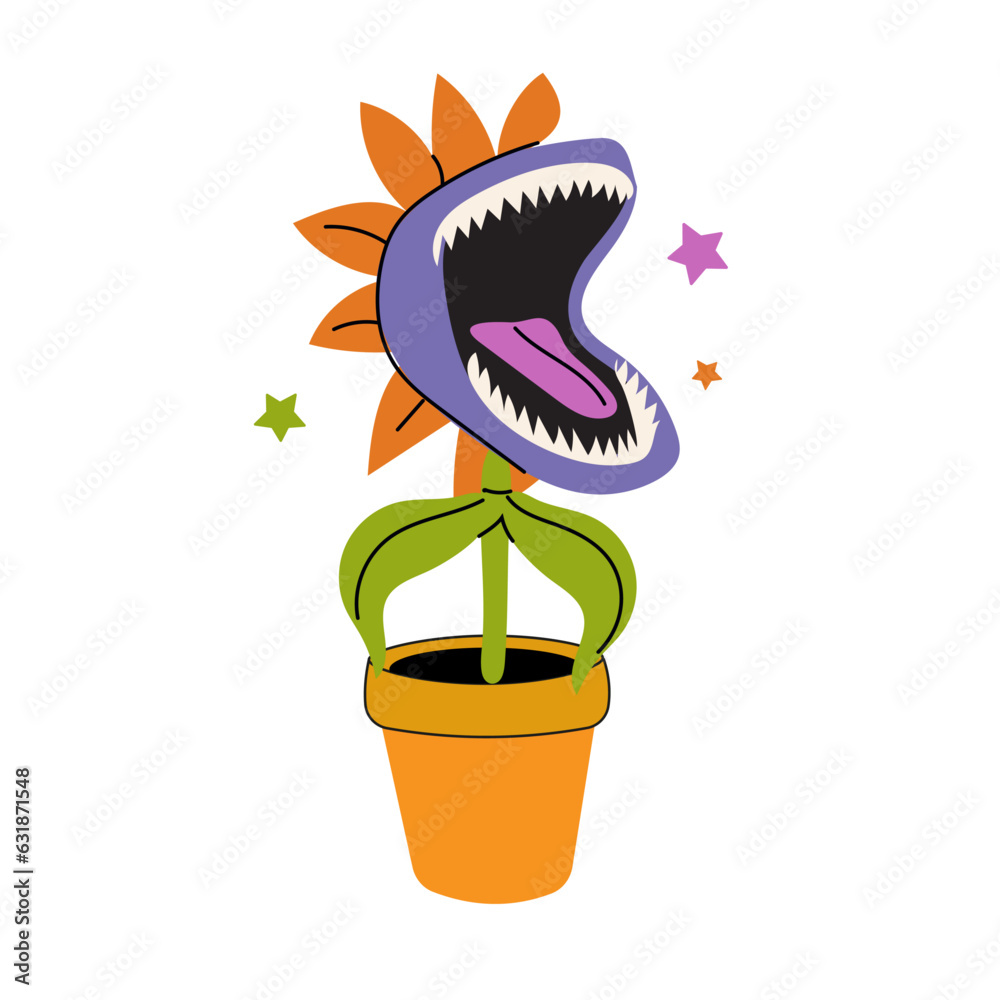 Vector hungry carnivorous plant in pot. Happy Halloween. Venus fly trap ...