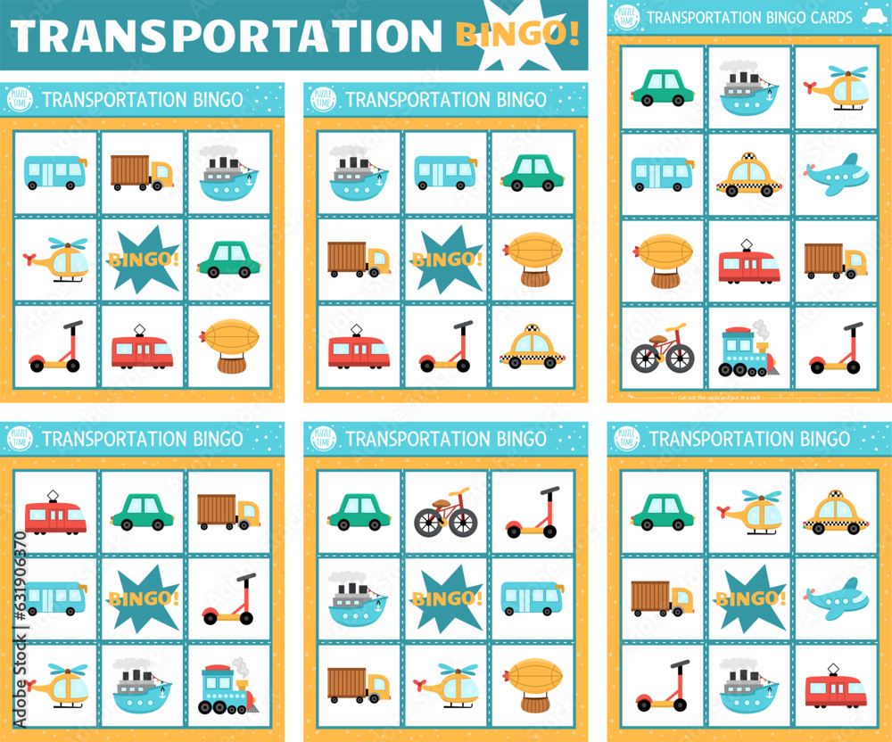 Vector transportation bingo cards set. Fun family lotto board game with ...