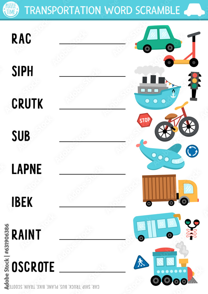 Vector transportation word scramble activity page. English language ...