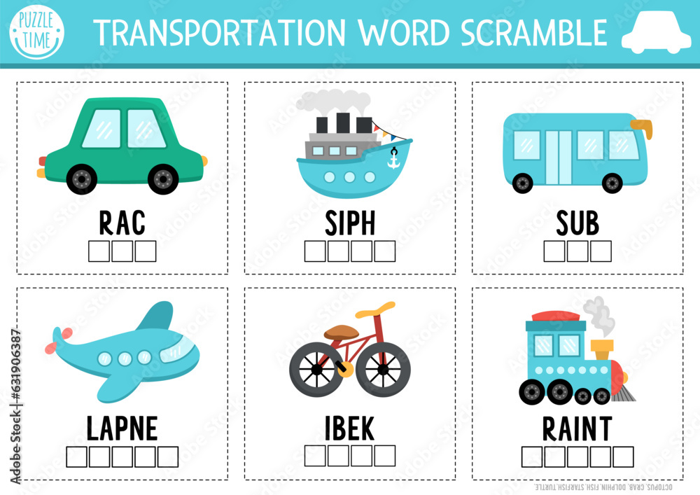 Vector transportation word scramble activity page. English language ...