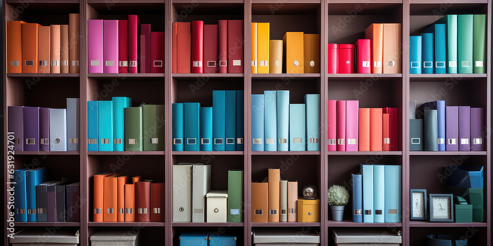 Bookshelf with colorful rainbow folders. Wallpaper with straight view ...