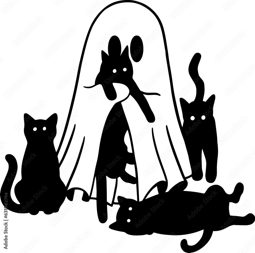 cute ghost and black cat funny halloween vector illustration isolated ...