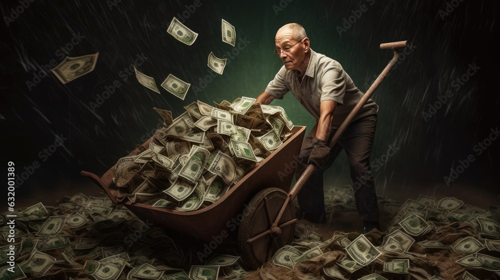 man pushing a wheelbarrow full of money. Made with the highest quality ...