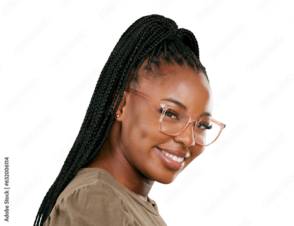 Black woman, glasses portrait and smile with vision and casual style ...