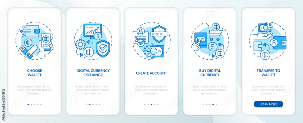 2D icons representing digital currency mobile app screen set ...