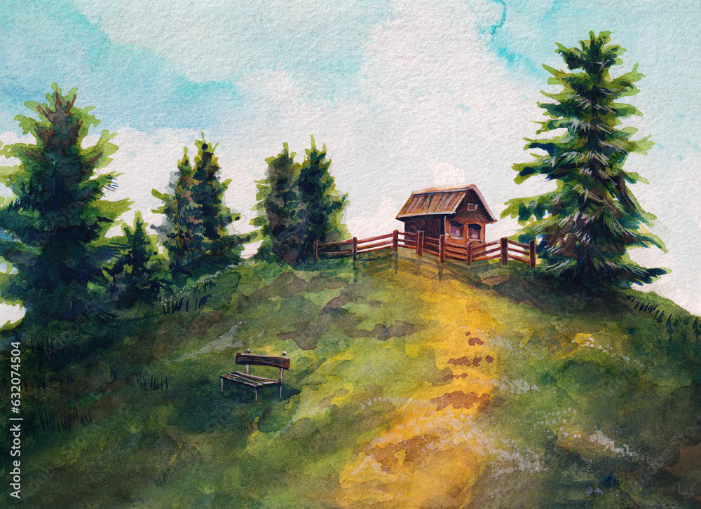 Beautiful mountain landscape with a small wooden house surrounded by ...