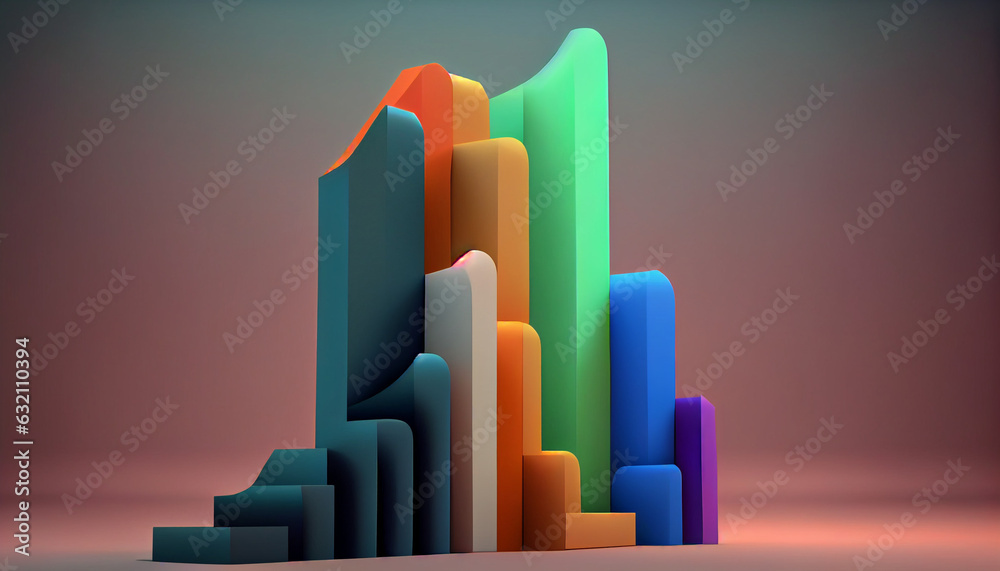Abstract 3D growth chart ascending coloured bars on solid colour ...