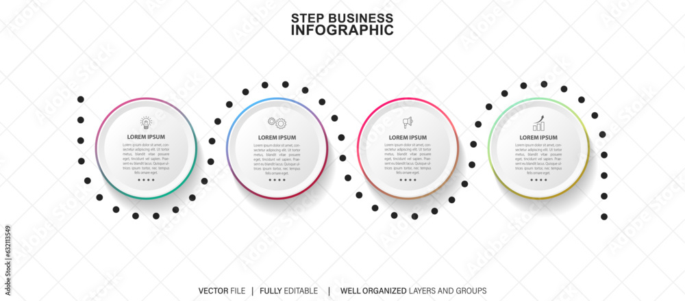 Line step infographic. 4 options workflow diagram, circle timeline number infograph, process ...