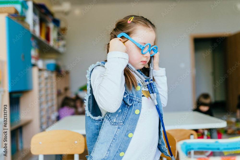 Integration of children with special needs concept. Cute little girl ...
