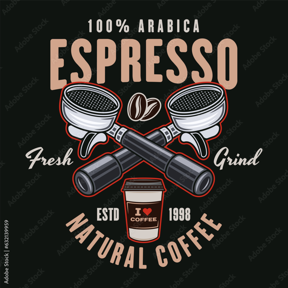 Espresso coffee vector emblem, logo, badge or label with portafilters ...