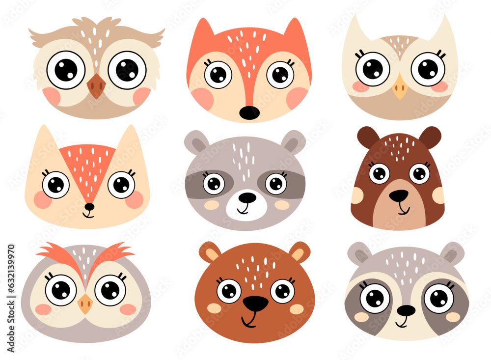 Set of cute animal faces in flat style isolated on white background ...