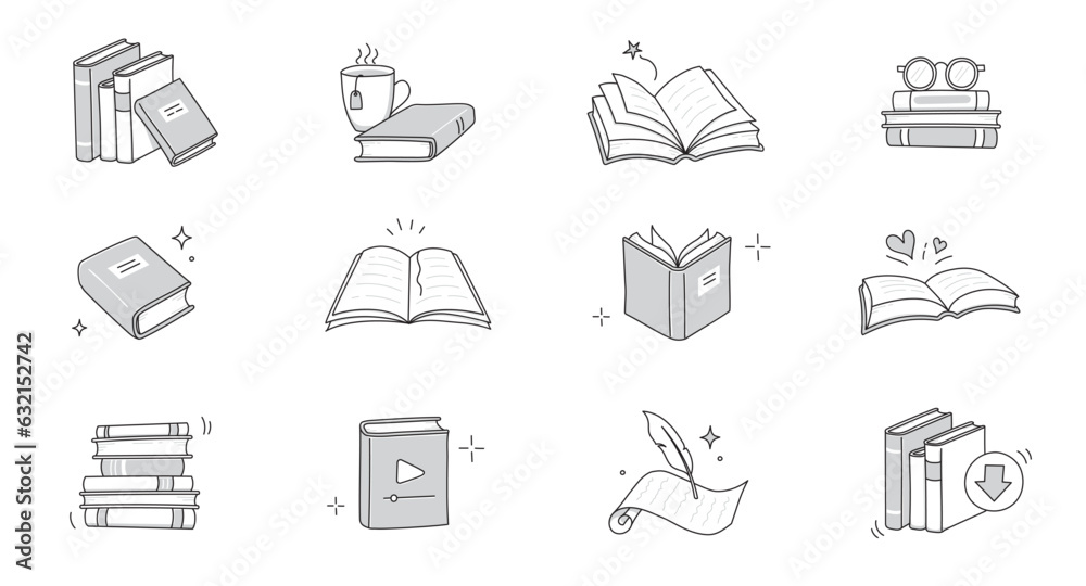 Book line doodle icon set. Hand drawn sketch doodle style line icon ...
