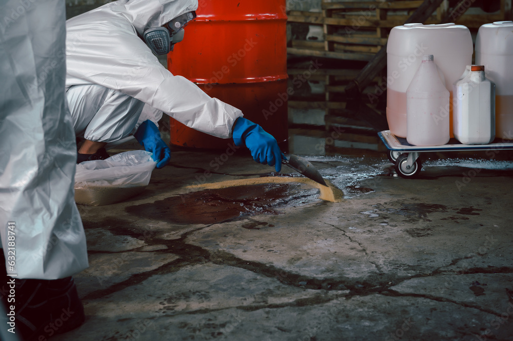Stock-Foto „Using Sand or Sawdust to Absorbent for Oil, Acid, Chemical ...