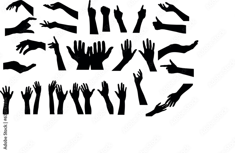 Diverse hand silhouette, hands vector collection. Unity, community ...