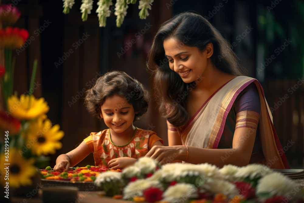 Traditionally dressed Indian ethnic mother and daughter making ...