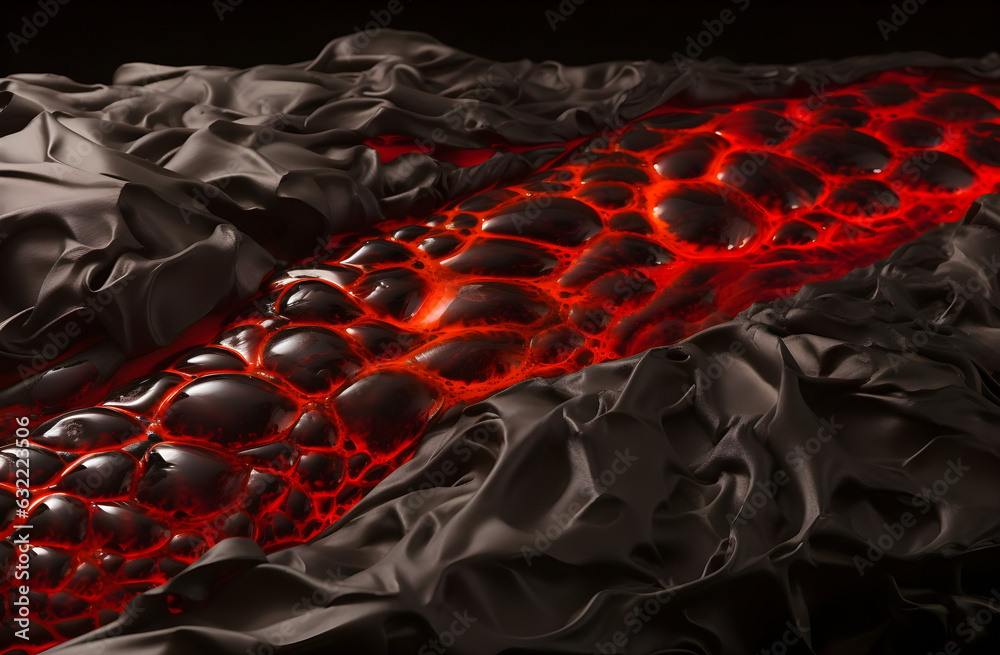 Generative AI image of red hot lava, molten magma flows onto solidified ...