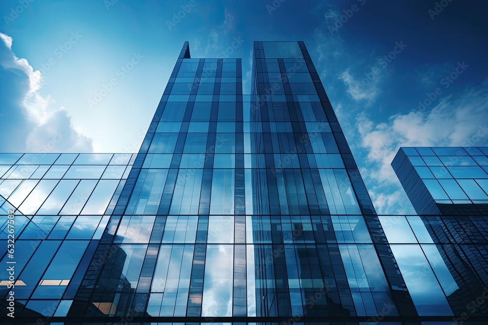 Bottom view of a modern glass skyscraper. Glass office building. The ...
