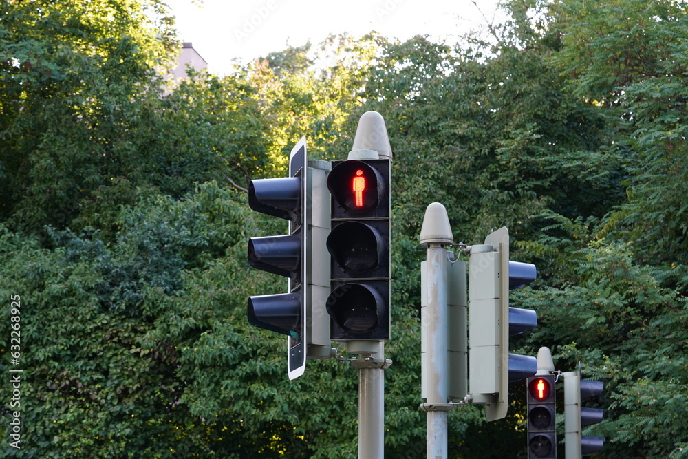 View on pedestrian traffic light with red stop signal in shape of man ...