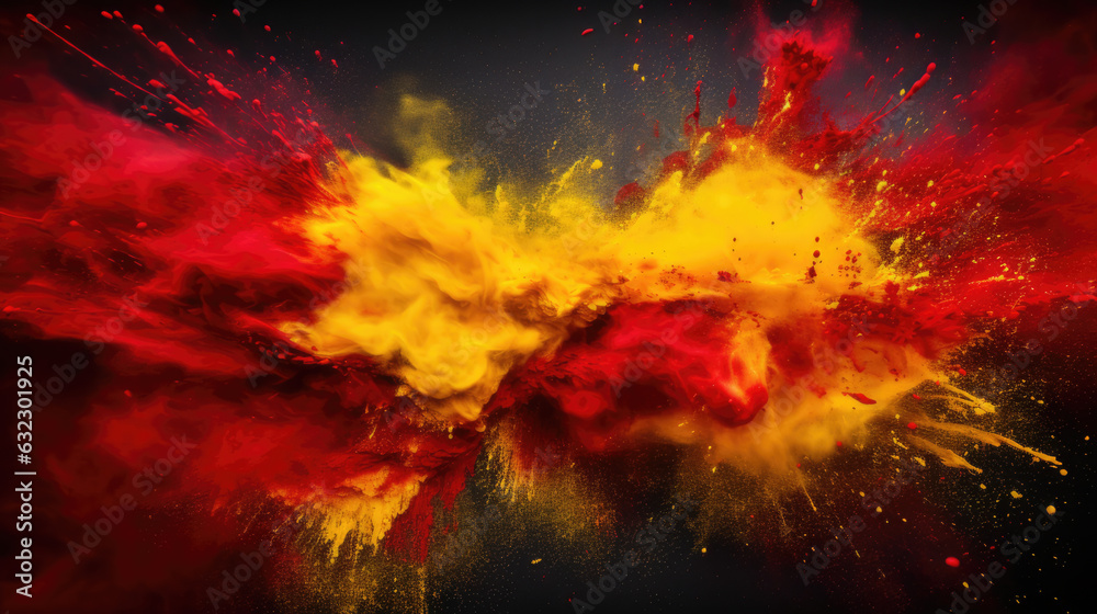 Red and yellow colored powder explosions on black background. Holi ...