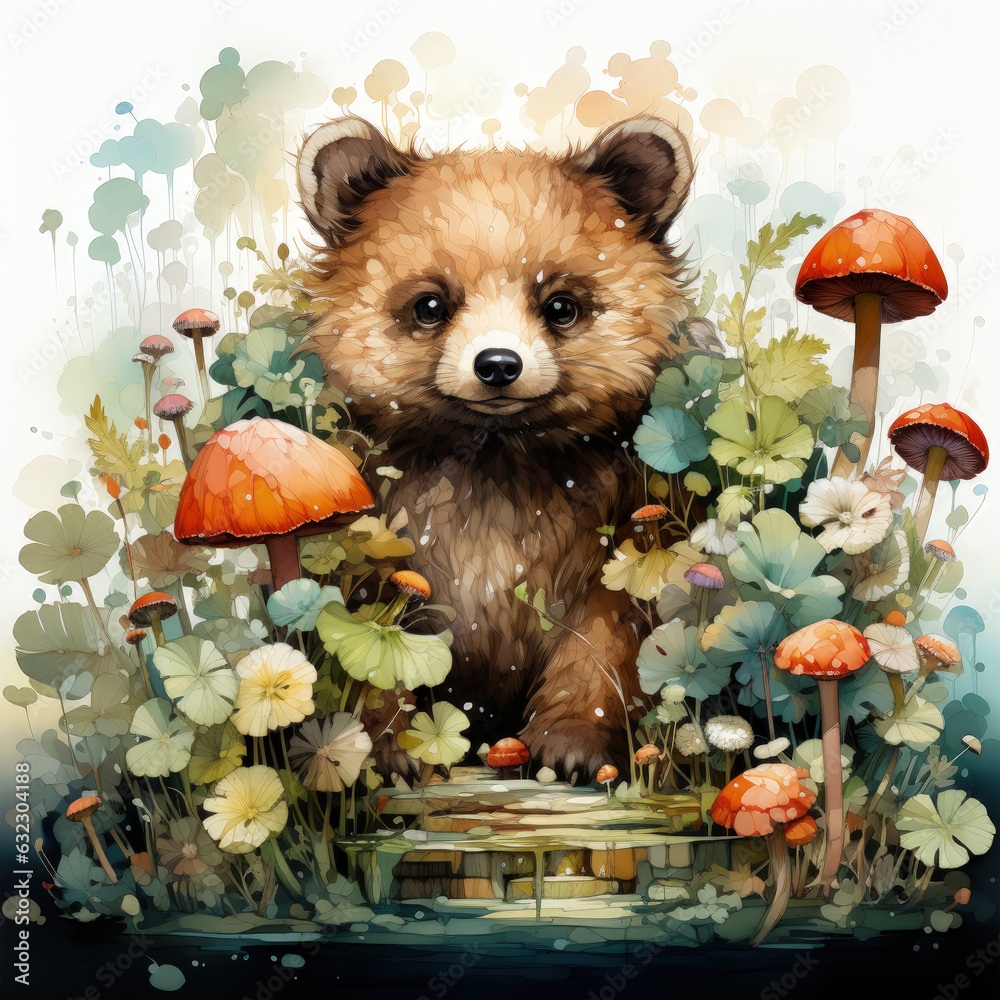A watercolor Teddy Bear deep in a enchanted forest, illuminated by the ...