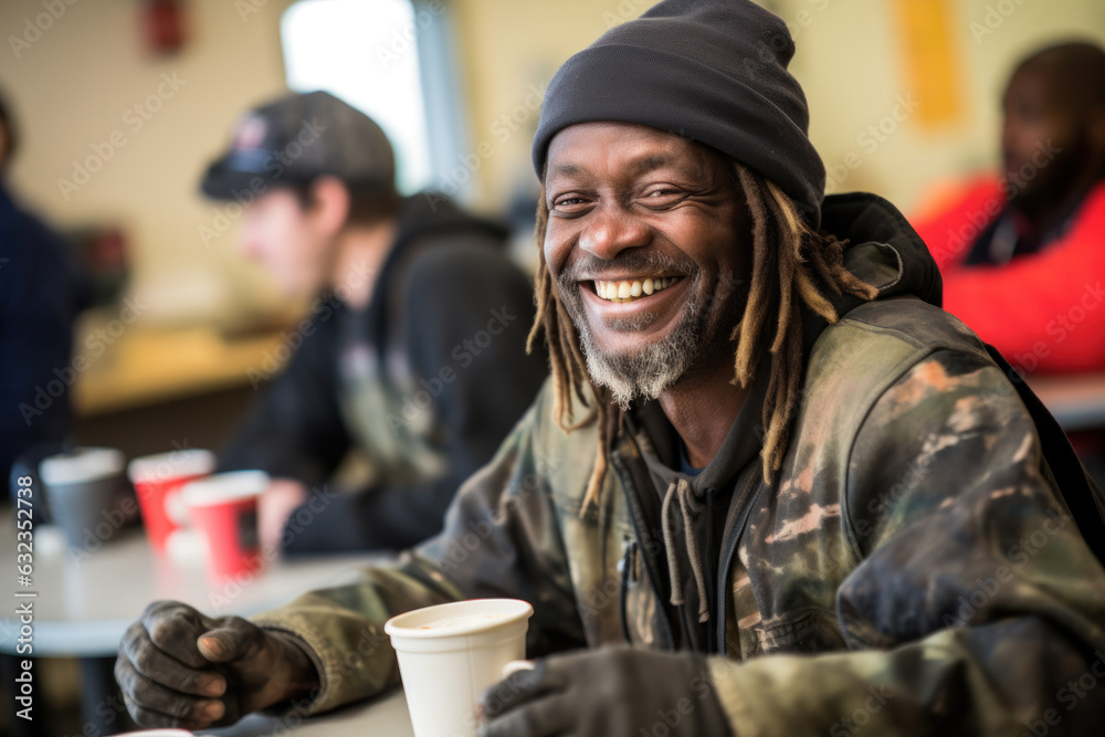 Positive black homeless man sits at a table in a bustling shelter ...