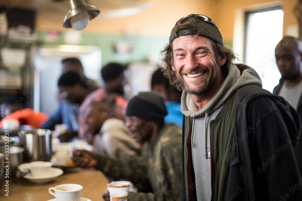 Positive homeless white man sits at a table in a bustling shelter ...