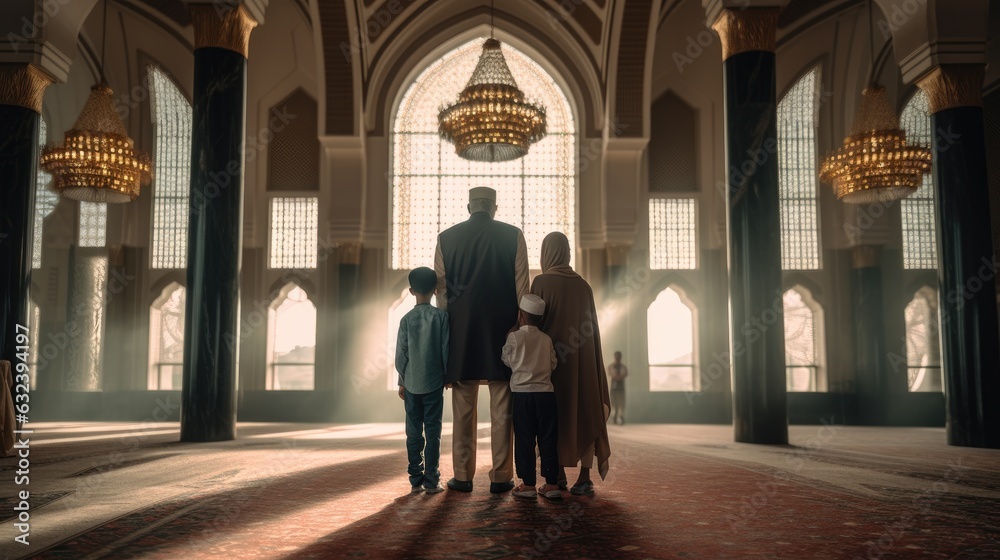 Muslim family view mosque. muslim family eid greetings back view, Jumma ...