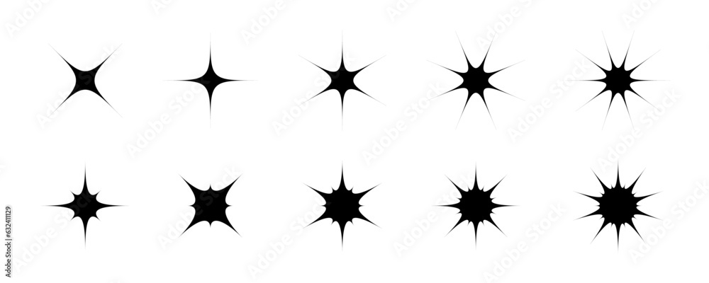 Black star and sparkle shapes set. Retro bling twinkle collection. Abstract y2k starburst shine ...