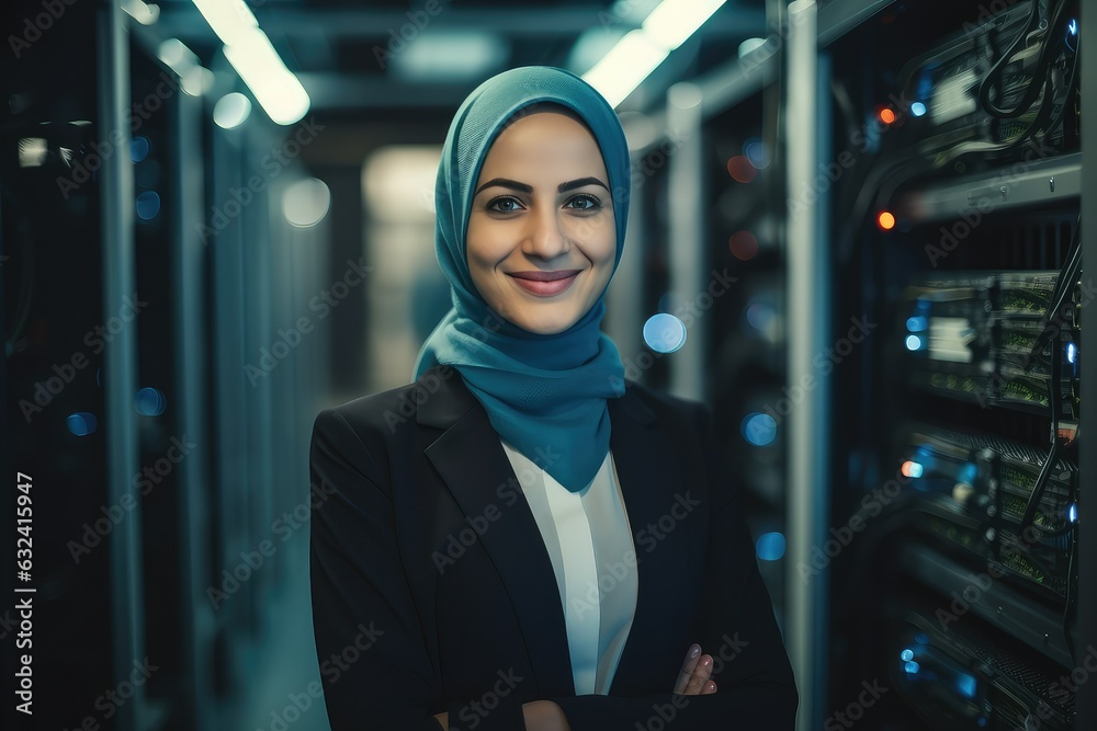 Hijabi Data engineer smiling at the camera in server room, Women ...