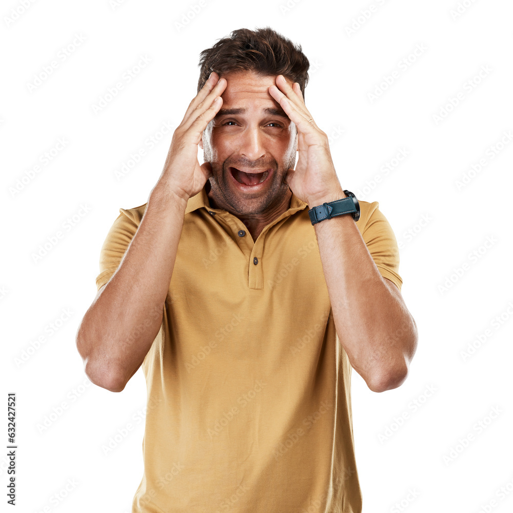 Face, scared and shocked man for mistake, fail and crisis anxiety ...