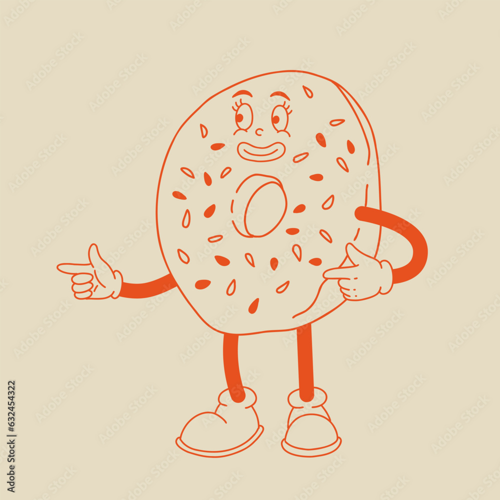 Vector cartoon retro mascot of bagel. Vintage style 30s, 40s, 50s old ...