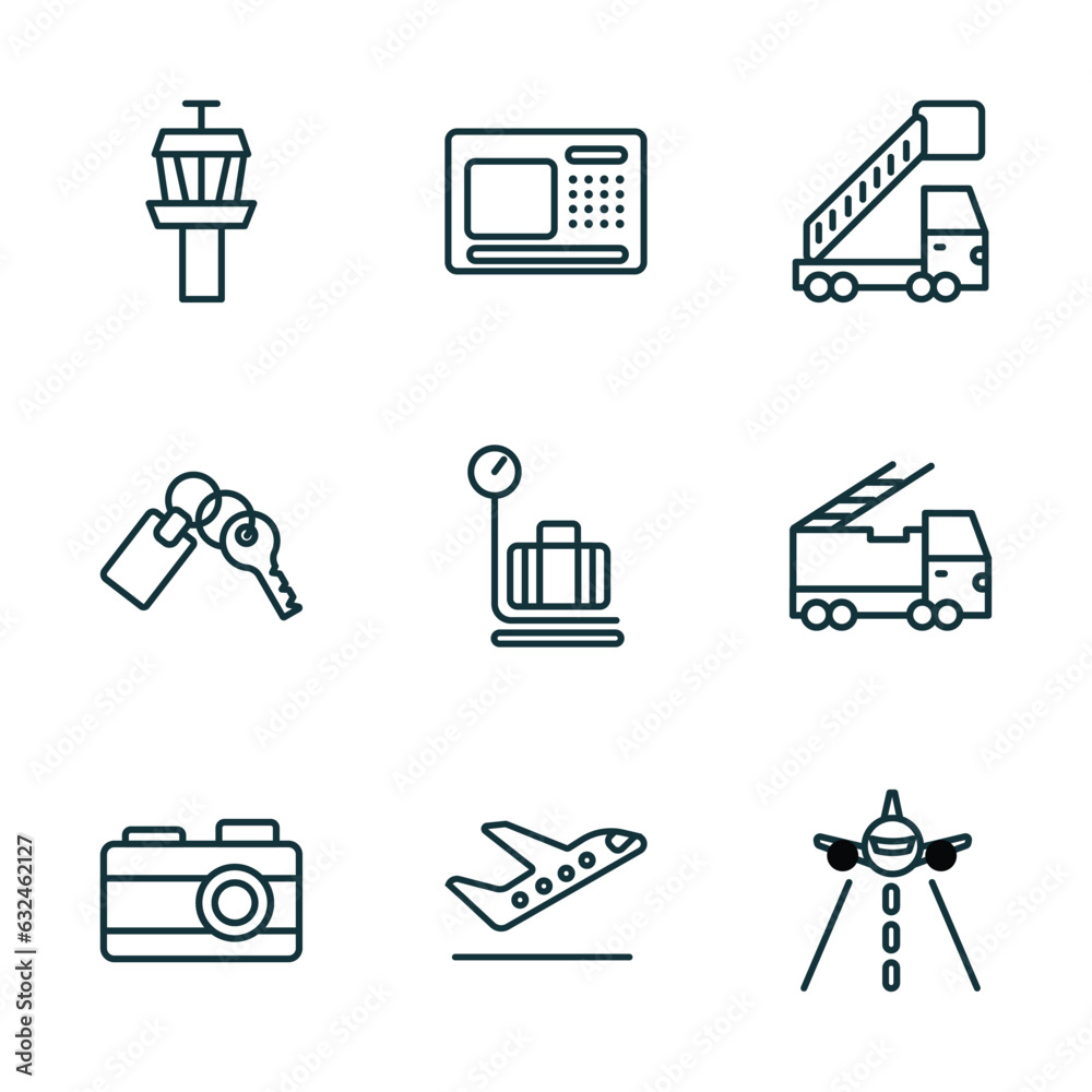 set of 9 linear icons from airport terminal concept. outline icons such ...