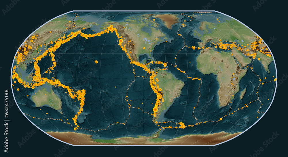 Earthquakes and boundaries of tectonic plates on the world map - -90 PM ...