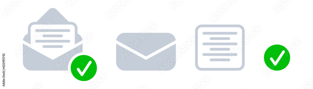 Sending letter icons. Envelope, letter and green check mark icon for ...