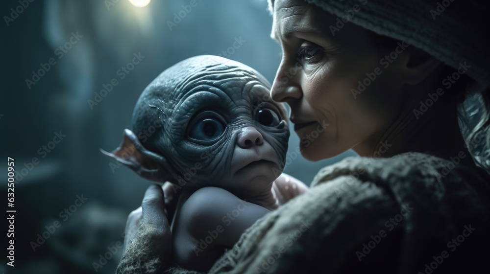Extraterrestrial reptilian alien mother with big blue eyes and her ...