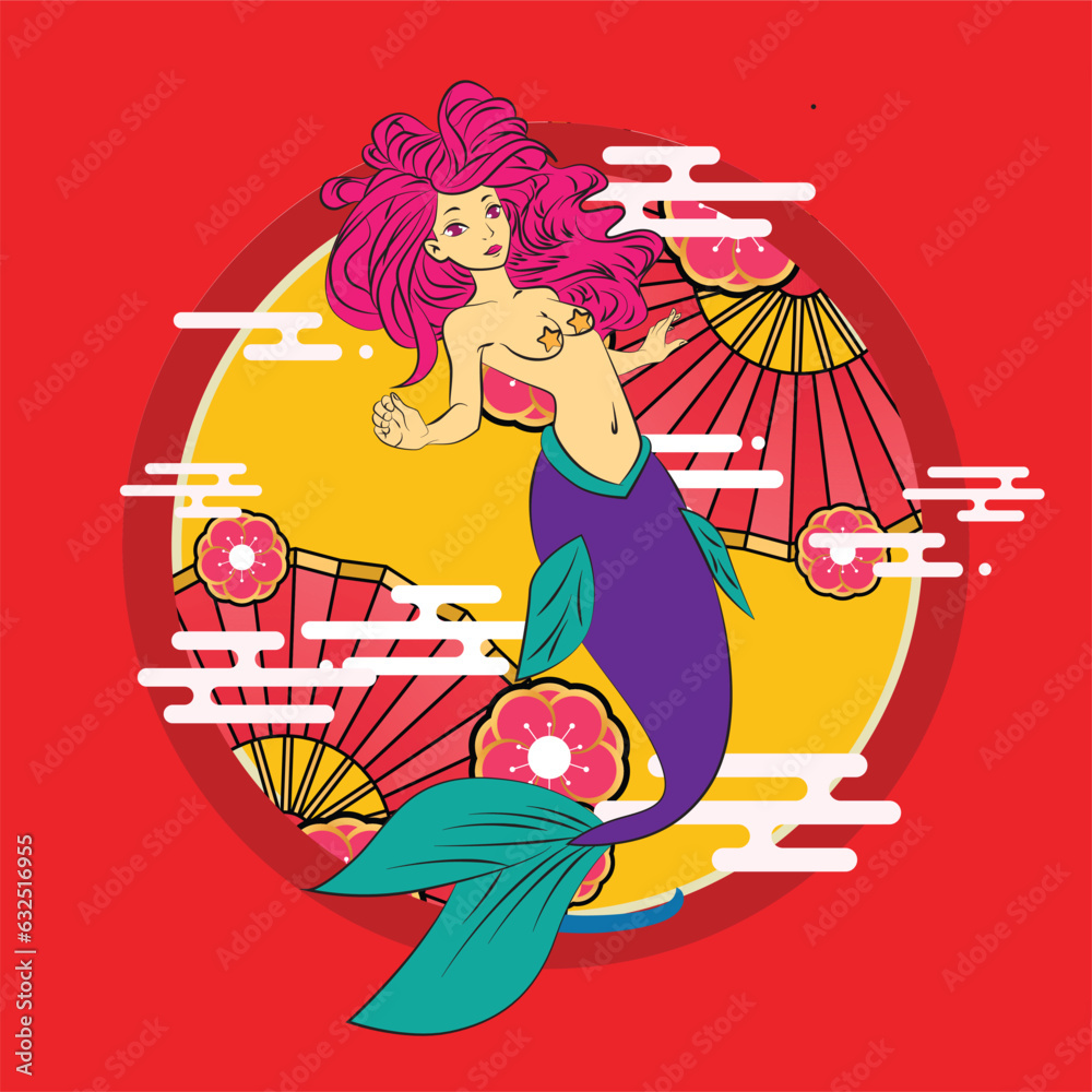 Lovely mermaid with little turtle, vector illustration, children ...