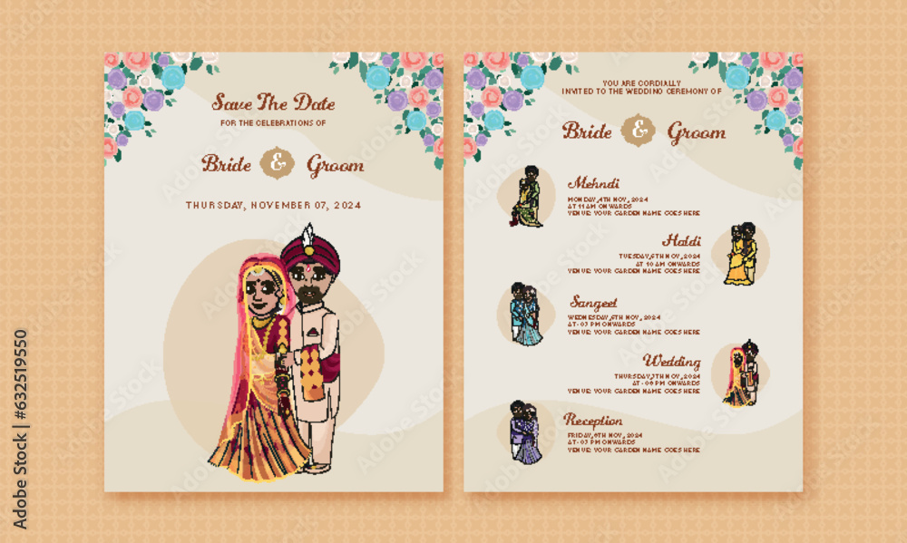 Indian Wedding Invitation Card Template with Bride Groom Character in ...