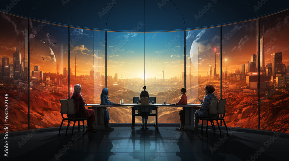 An intriguing split-screen illustration showing the same meeting scene ...